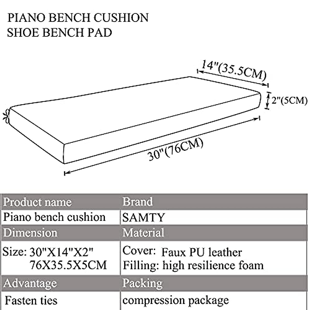 Waterproof Faux PU Leather Piano Bench Cushions with Ties for Kids Wooden Shoe Stool Pad 30"X 14" inch, Black