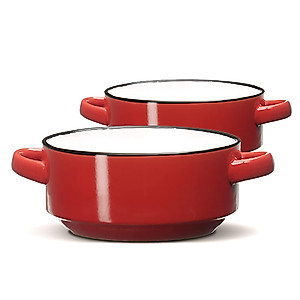 ECODECO Baking Serving Ceramic Red Soup Bowls with Handles - 16 Ounce - Set of 2 - Chowder Bisque Pot Pie Crocks