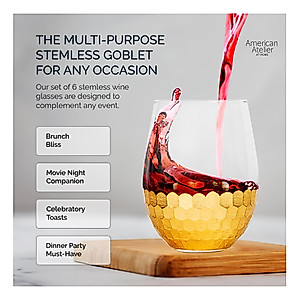 American Atelier Daphne Stemless Goblet | Set of 6 | Made of Glass | Gold Honeycomb Pattern | 18-Ounce Capacity | Smooth Rim Red Wine Glasses | White Wine Tumblers