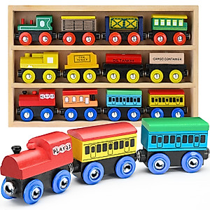 Wooden Train Set 12 PCS - Train Toys Magnetic Set Includes 3 Engines - Toy Train Sets For Kids Toddler Boys And Girls - Compatible With All Major Brands - Original - By Play22