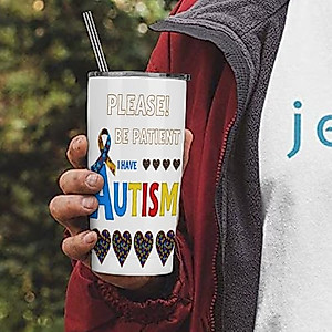 Please Be Patient I Have Autism Awareness Sign 20 OZ Stainless Steel Tumbler Travel Car Coffee Mug with Straw Lid Cleaning Brush Coffee Tumbler Mug for Women Men
