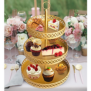 weharnar Cupcake Stand - 3 Tier Metal Cupcake Tower - Dessert Table Display Set Round Cake Holder Tiered Serving Tray for Cup Cakes Desserts Fruits Candy Cookie Buffet, Gold