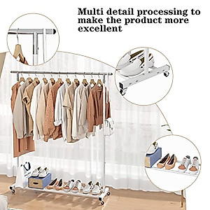 Buzowruil Clothing Rack Clothes Rack Standard Rod Simple Rolling Metal Garment Rack Organizer Freestanding Hanger with Wheels,White with Silver