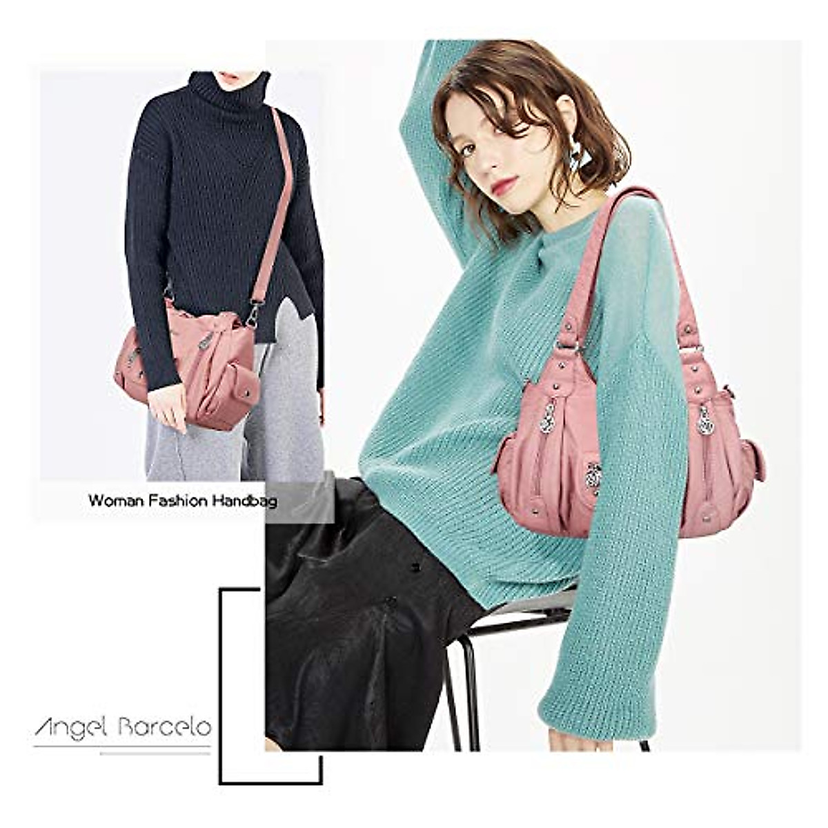 Angel Barcelo Roomy Fashion Hobo Womens Handbags Ladies Purse Satchel Shoulder Bags Tote Washed Leather Bag Pink