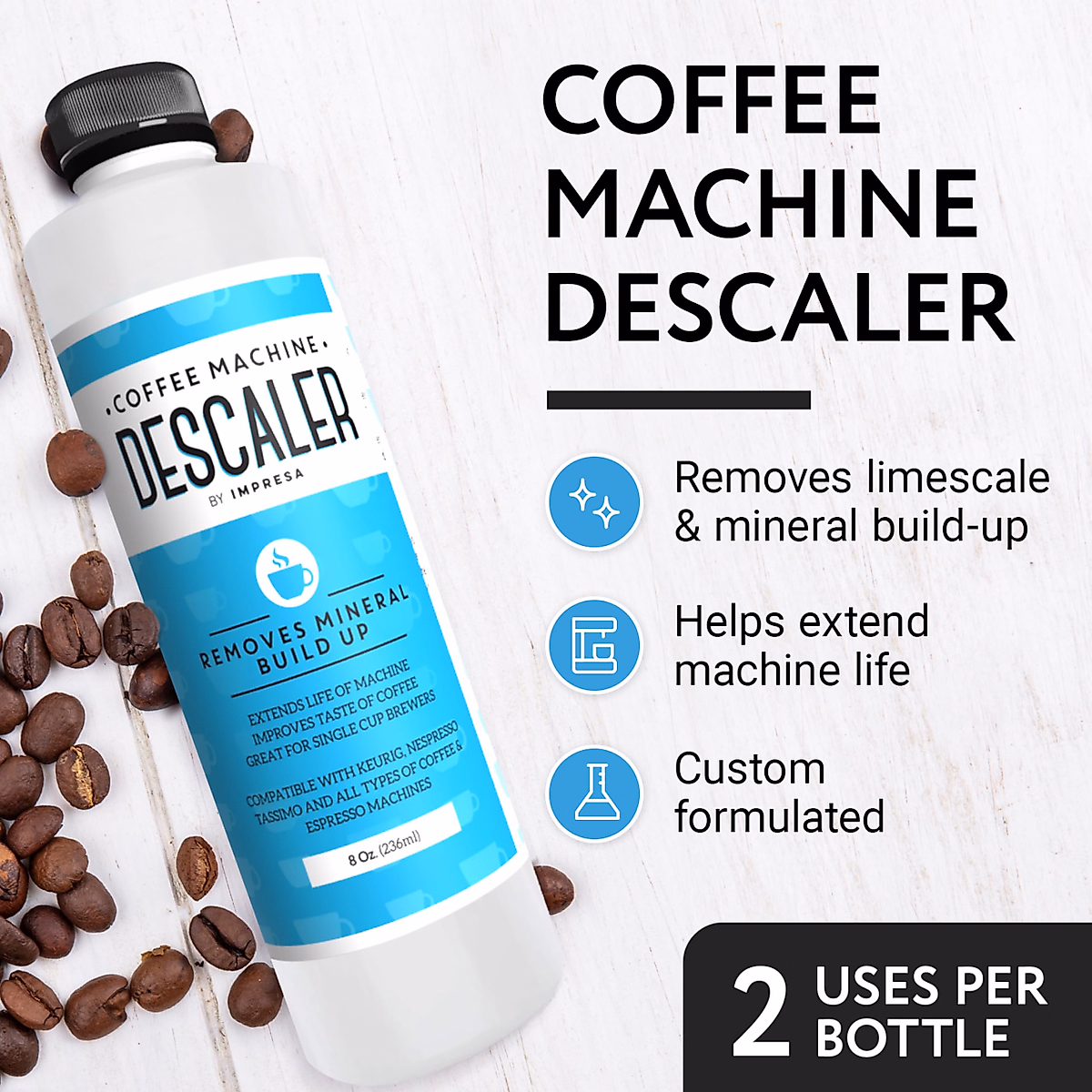 IMPRESA Cleaning and Descaler Kit - 2 Uses Per Bottle Plus 4 Cleaning Cups Compatible with Keurig K-Cup Pod Machines - Made in USA - Universal Descaling Solution and Stain Remover