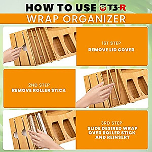 T3-R Foil and Plastic Wrap Organizer - 6-in-1 Bamboo Organizer Plastic Wrap Dispenser with Cutter for Kitchen Drawer - Best Use for Sandwich Bag, Aluminum Foil, Wax Paper and Plastic Wrap