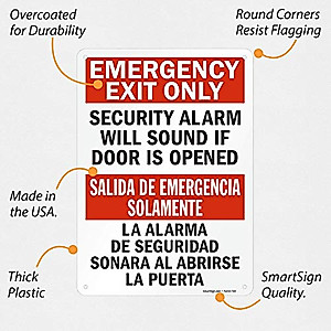 SmartSign "Emergency Exit Only - Security Alarm Will Sound If Door Is Opened" Bilingual Sign | 10" x 14" Plastic