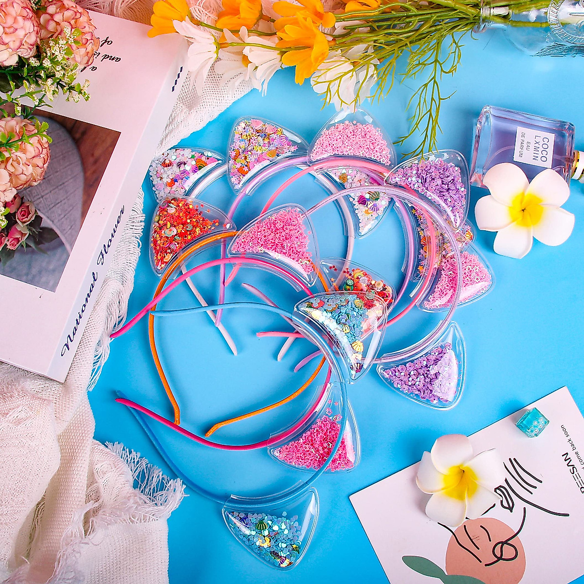 Fishdown Cute Cat Ears Headbands Set for Girls Plastic Headbands for Non-slip Transparent Cat Ears Headbands Quicksand(7pcs Per Pack Each Color 1pcs)