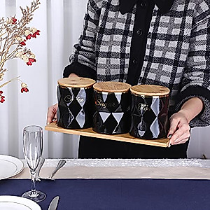 JUXYES Set of 3 Ceramic Canisters Set for Sugar Coffee Tea, Luxurious Storage Containers Sets with Lids Decorative Storage Pots Black Ceramic Storage Jar for Kitchen Counter Dining Room