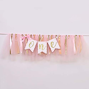 Highchair Banner 1st Birthday Girl - Tulle And Ribbon Banner For First Birthday, Cake Smash Photo Prop, Party Supplies (Pink)