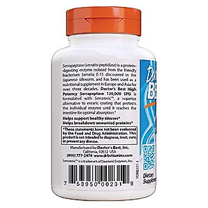 Doctor's Best High Potency Serrapeptase, Non-GMO, Gluten Free, Vegan, Supports Healthy Sinuses, 120,000 SPU, 90 Count