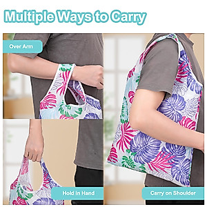 LOSANJI 6Pack Reusable Grocery Bags, Large Foldable Shopping Bag in Pocket, Nylon Recycle Groceries Bag with handles, Folding Heavy Duty Tote Bag for Travel, Khaki Purple Coffee