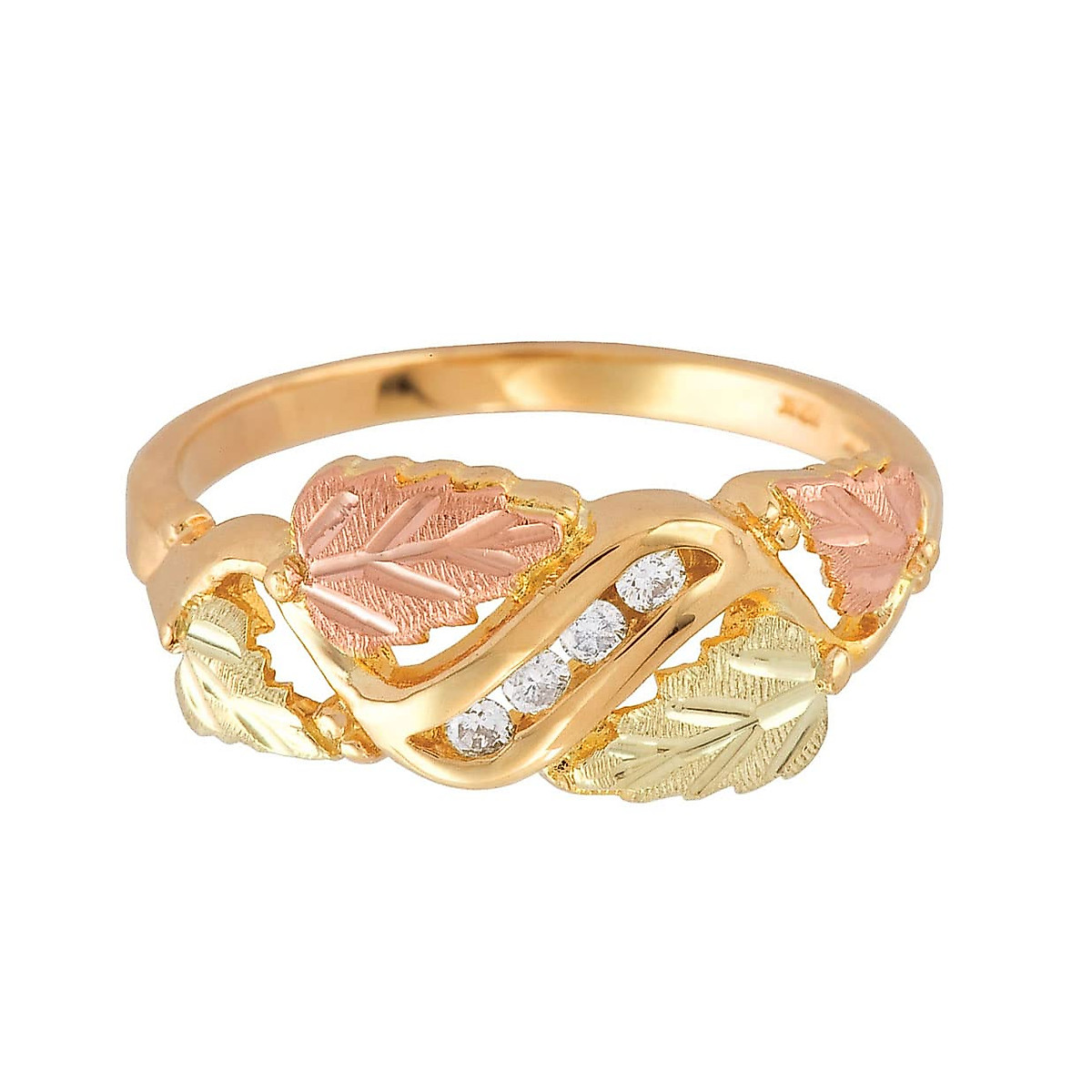 4-Stone Diamond and Grape Leaf Ring, 10k Yellow Gold, 12k Pink and Green Black Hills Gold Size 7
