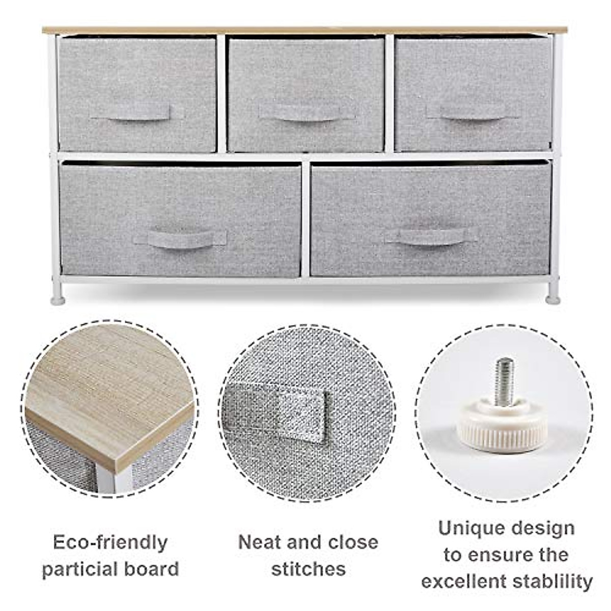 Wide Drawer Dresser Storage Organizer - CERBIOR 5-Drawer Closet Shelves, Sturdy Steel Frame Wood Top with Easy Pull Fabric Bins for Clothing, Blankets- Grey