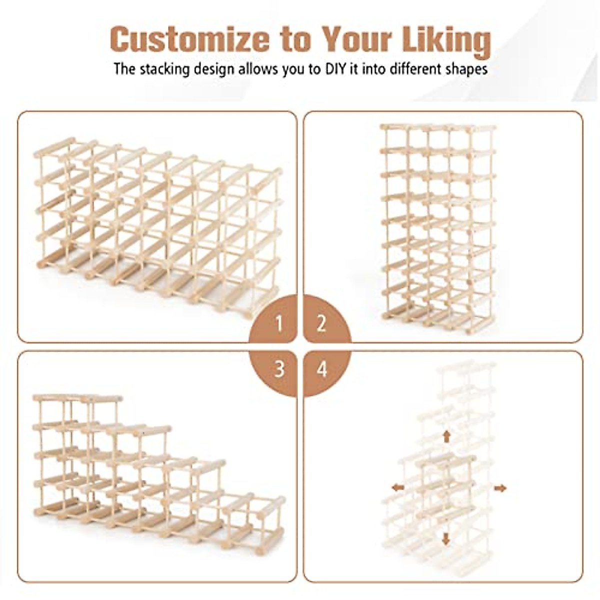 36 Bottle Wooden Wine Rack for Wine Cellar, 34” x 9.5” x 17.5” 4-Tier Large Floor Freestanding Modular Wine Bottle Storage Display Shelf Natural Bamboo Wood Construction for Kitchen and Cellar