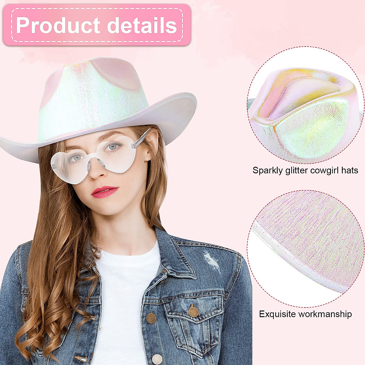 12 Pcs Holographic Space Cowgirl Hat with Rimless Sunglasses Neon Sparkly Cowboy Hat and Heart Sunglasses for Women Men Party(hot pink, pink, purple, blue, green and white)