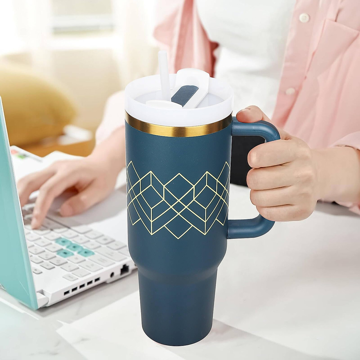 QXV 30 oz Tumbler with Handle and Straw Lid Insulated Reusable Stainless Steel Water Bottle Travel Mug Iced Coffee Cup Travel Mug for Hot and Cold Beverages, BPA-Free, 100% Leakproof Bottle