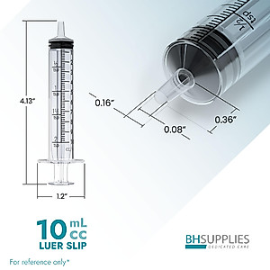 10ml Syringe Sterile with Luer Slip Tip, BH SUPPLIES - (No Needle) Individually Sealed - 100 Syringes
