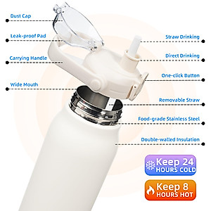 BJPKPK Insulated Water Bottles with Straw, 57oz Sports Water Bottle with One-handed Opening Lid, BPA Free Leakproof Easy Carry Water Jugs, Flasks, Thermos for Gym Sports Outdoors, White