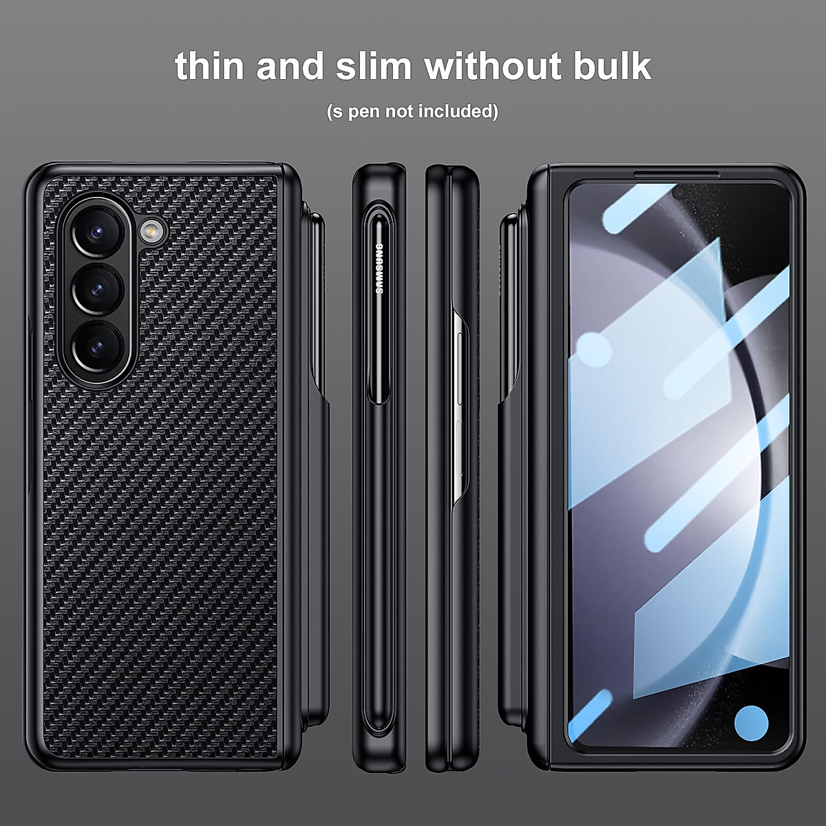 Libeagle Compatible with Samsung Galaxy Z Fold 5 Case, Support All Magsafe Accessories, Leather Back, Include Both Removable Old & New Slim S Pen Holder (2023) on Hinge,Cover 5G-Carbon Fiber