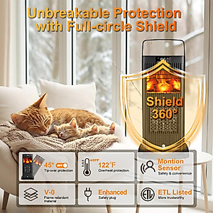 Space Heater, 2024 Small Space Heaters for Indoor Use, Oscillating Electric Heater with Infrared Sensor & 3D Flame Effect as Mini Fireplace, 1500W ECO Portable Heater for Office/Bedroom/Home/Garage