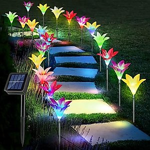 Enhon Solar Flower Lights Outdoor, 20 LEDs Solar Pathway Lights Multi Color LED Waterproof Solar Powered Garden Decor for Patio Yard Pathway Mother's Day Decoration(Lily)
