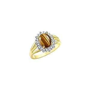 RYLOS Rings for Women 14K Gold Plated Silver Ring Princess Diana Inspired 9X7MM Gemstone & Halo of Diamonds Tiger Eye Jewelry for Women Size 10