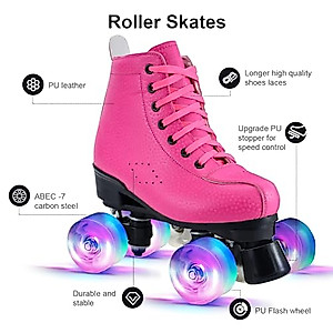 kelodo Roller Skates for Women&Girls, Boys&Men PU Leather High-top Classic Double-Row Design Roller Skates Boot, 4 Shiny Wheels Adult Quad-Skates Indoor/Outdoor Roller Skates for Unisex Beginner