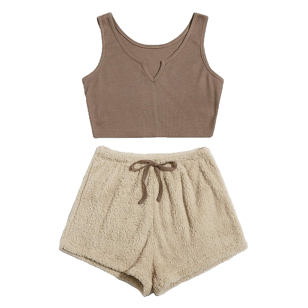 Milumia Womens Two Piece Pajamas Crop Tank Top Tie Waist Fluffy Teddy Shorts Lounge Set (A Brown and Beige, Large)