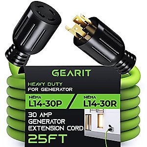 GearIT 30-Amp Generator Extension Cord (25 Feet) 4-Prong 120/250-Volt 7500W, NEMA L14-30P/L L14-30R, 10 Gauge SJTW Locking Power Cord for Manual Transfer Switch, Portable Generators, Power Outage 25ft