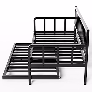 MU Daybed with Trundle Bed, Twin Bed Frame with Charging Station and LED Lights, Metal Sofa Day Bed with Pop Up Trundle and Steel Slat Support for Living Room, Bedroom and Guest Room, Black