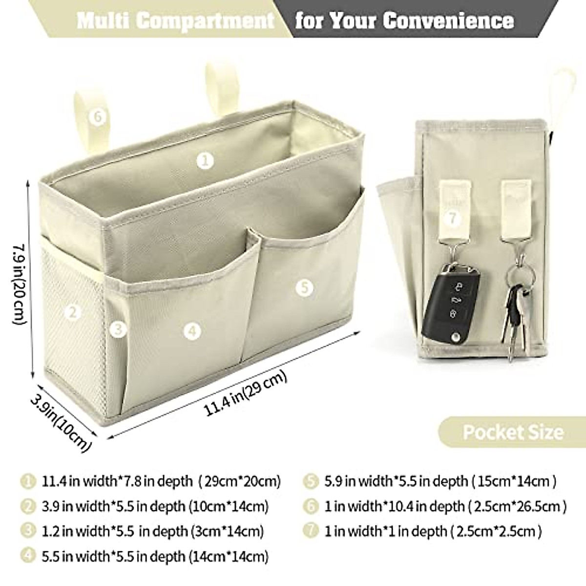 Bunk Bed Organizer, Bedside Caddy Hanging Bed Organizer Storage Bag with 4 Pockets and 2 Hooks, for College Dorm Rooms Bed, Hospital Bed, Baby Bed Rails, 600D Oxford Cloth (Beige)