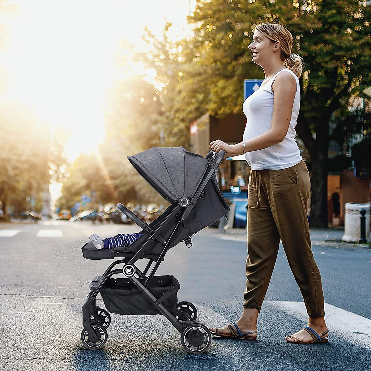 Rollingsurfer Lightweight Baby Stroller, Compact Travel Stroller with Sleep Shade, Oversize Basket, One Hand Easy Foldable Stroller for Airplane Travel and More