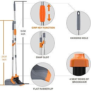 AXFRVEWA Broom and Dustpan Set with 52" Long Handle Broom with Dustpan Combo Set, Self-Cleaning Teeth & Standing Dust Pan and Broom for Home Office Kitchen Lobby Floor Use-Gray&Orange