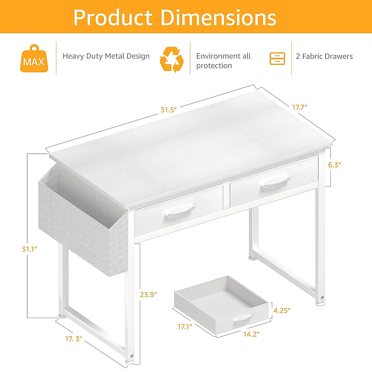 DLisiting White Small Desk with Fabric Drawers - 32 Inch Vanity Desk with Storage Drawer and Bag for Bedroom, Study Writing Table for Small Spaces, White