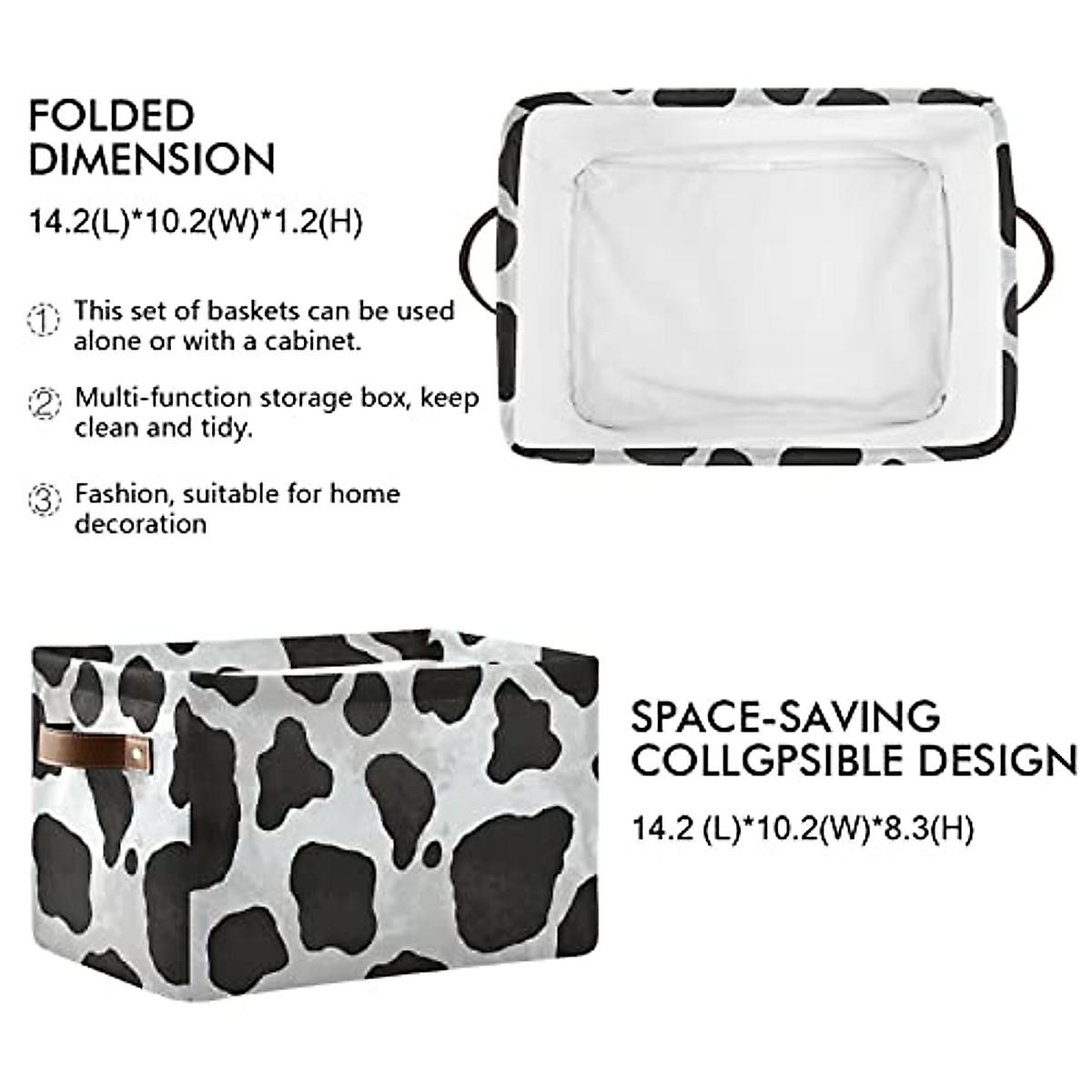 Foldable Storage Basket Cow Pattern Fabric Collapsible Organizer Basket with PU Handles, Decorative Baskets for Shelves Home Closet Bedroom Living Room - 1 Pack
