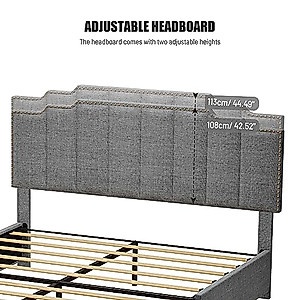 Queen Size Linen Upholstered Platform Bed Frame with 2 Big Drawers, Modern Rivets Design Platform Bed with Stitched Padded Headboard & Wood Slats Support for Bedroom, No Box Spring Needed (Grey)