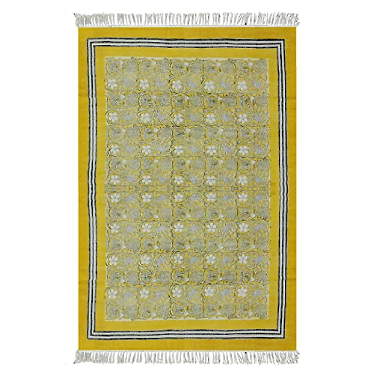 Casavani Indian Handmade Cotton Dhurrie Oriental Yellow & Beige Area Rug Boho Kilim Flat Weave Rug Indoor Hall Room Decor Carpet Throw Rugs for Bedroom Living Room Bathroom Balcony 4x10 Feet Runner