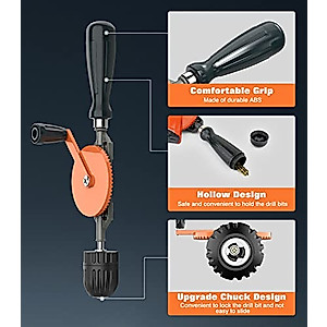 Housolution Hand Drill, Powerful 3/8 inches (1-10mm) Capacity Hand Drill Manual with Precision Keyless Drill Chucks, Cast Steel Manual Drill with 13Pcs Drill Bit Set for Wood Plastic, Orange