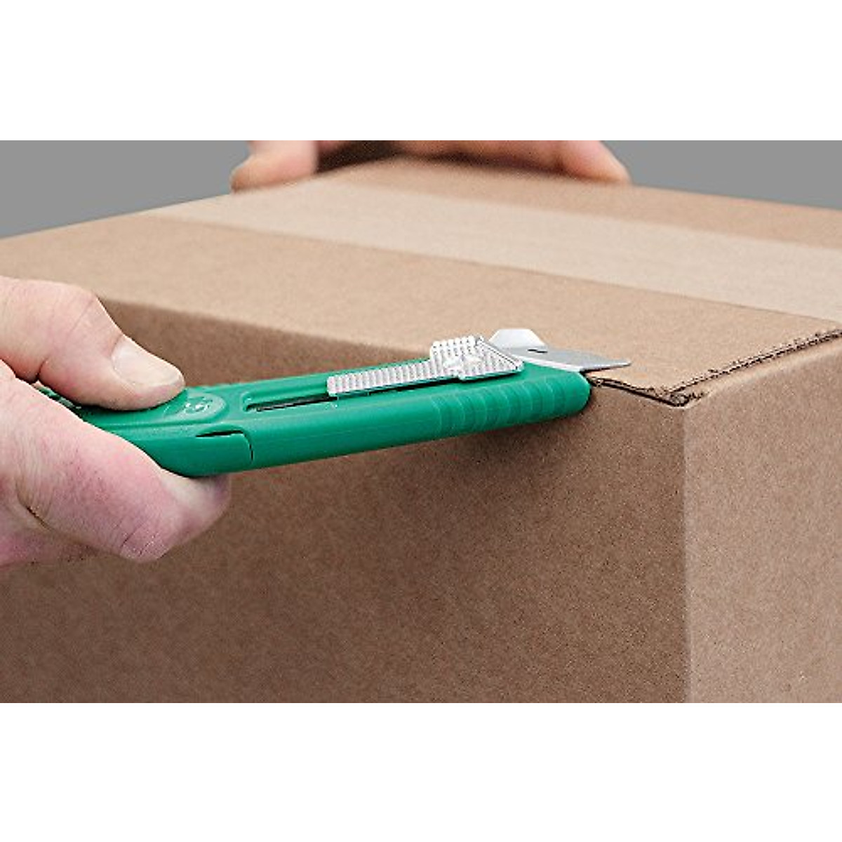 Pacific Handy Cutter S4SR Self-Retracting Safety Cutter with Fixed Metal Guard, Bladeless Tape Splitter, Steel Guard for Safety and Damage Protection, for Warehouse and In-Store Cutting, green