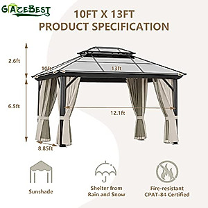 GAZEBEST 10'x13' Hardtop Gazebo Outdoor Polycarbonate Double Roof Patio Gazebo Aluminum Frame Gazebo Canopy with Netting and Curtains,for Garden Patio,Patio Backyard,Deck and Lawns