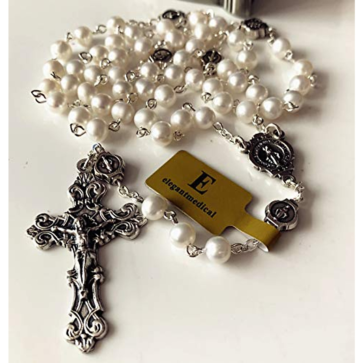 elegantmedical Handmade AAA 6MM Real Pearl Beads Catholic Our Lady Grace Rosary Cross Necklace Box Case Gifts (White)