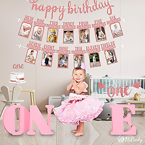 1st Birthday Baby Photo Banner, Happy Birthday Banner 17pcs First Birthday Decorations for Girl Newborn to 12 Months, First Birthday Photo Banner Garland Bunting with ONE Cake Topper, Rose Gold