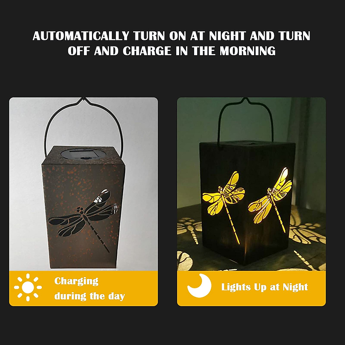 2 Pack Solar Lantern, Outdoor Hollow Dragonfly Hanging Lamp Garden Iron Lawn Projection Lamp, Waterproof Led Flashing Flameless Candlestick Task Lamp, Used for Porch Courtyard Lawn Passage