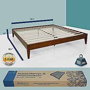 Acacia Mervyn Bed Frame Solid Wood Platform Bed, Bed Frame King, Natural Wood Bed Compatible with All Mattress Types, No Box Spring Needed, Wood Slats Support, Quick & Easy Assembly, Caramel