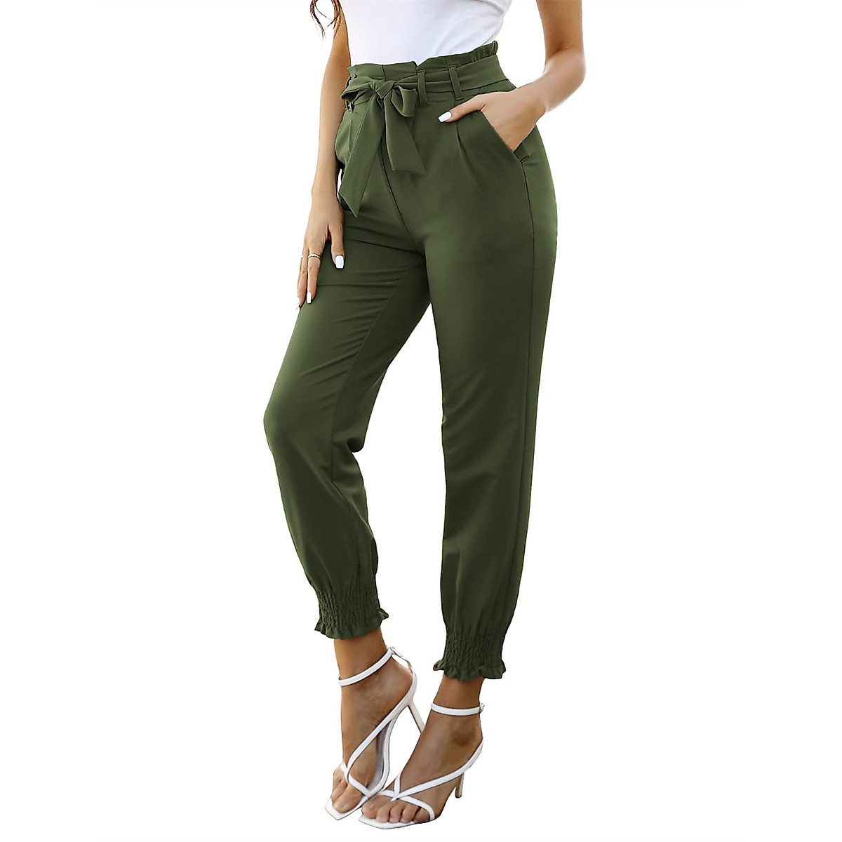 GRACE KARIN Pencil Pant for Women Slim Elegant Elastic Both Side with Pocket Olive Green XXL
