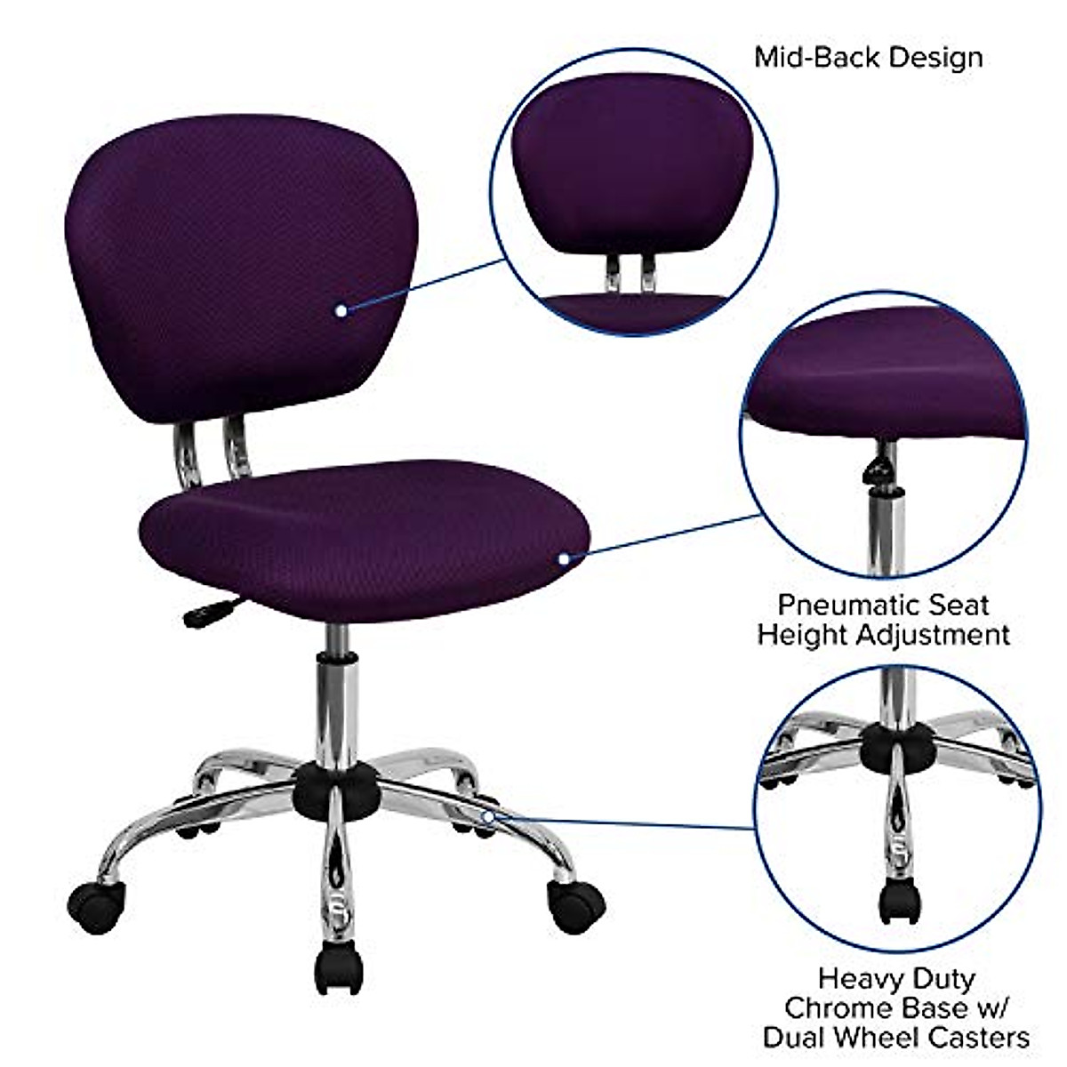 Flash Furniture Beverly Mid-Back Purple Mesh Padded Swivel Task Office Chair with Chrome Base