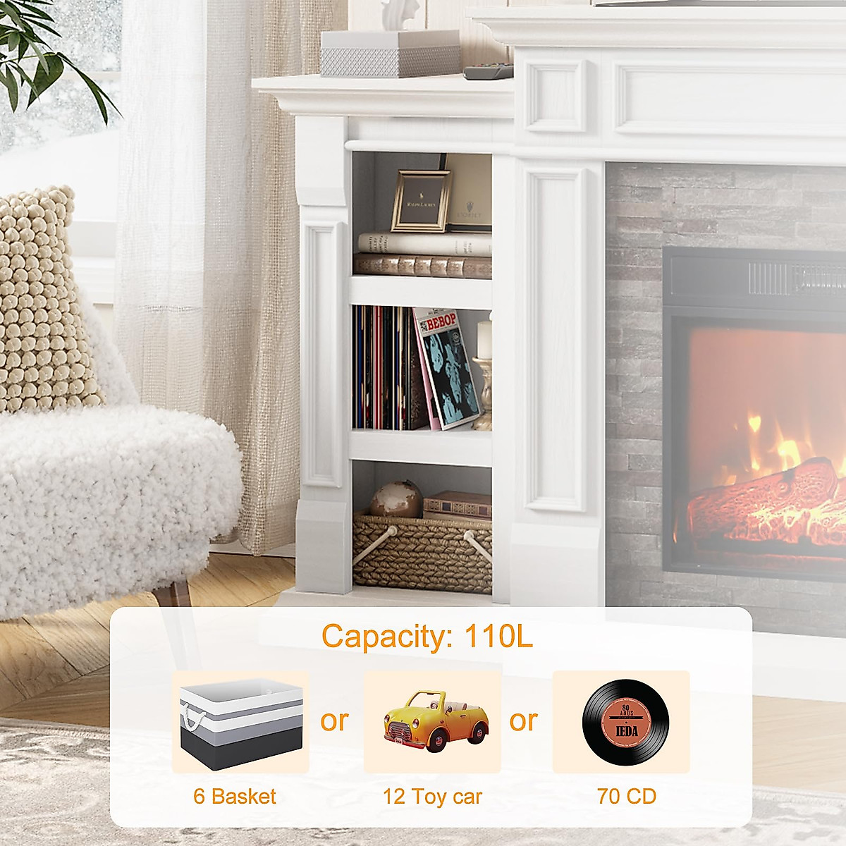 Naice 70" Electric Fireplace with Mantel and Cabinets, Fireplace TV Stand for Living Room Bedroom, Stacked Stone Surround and Remote Control 3D Realistic Flame, White