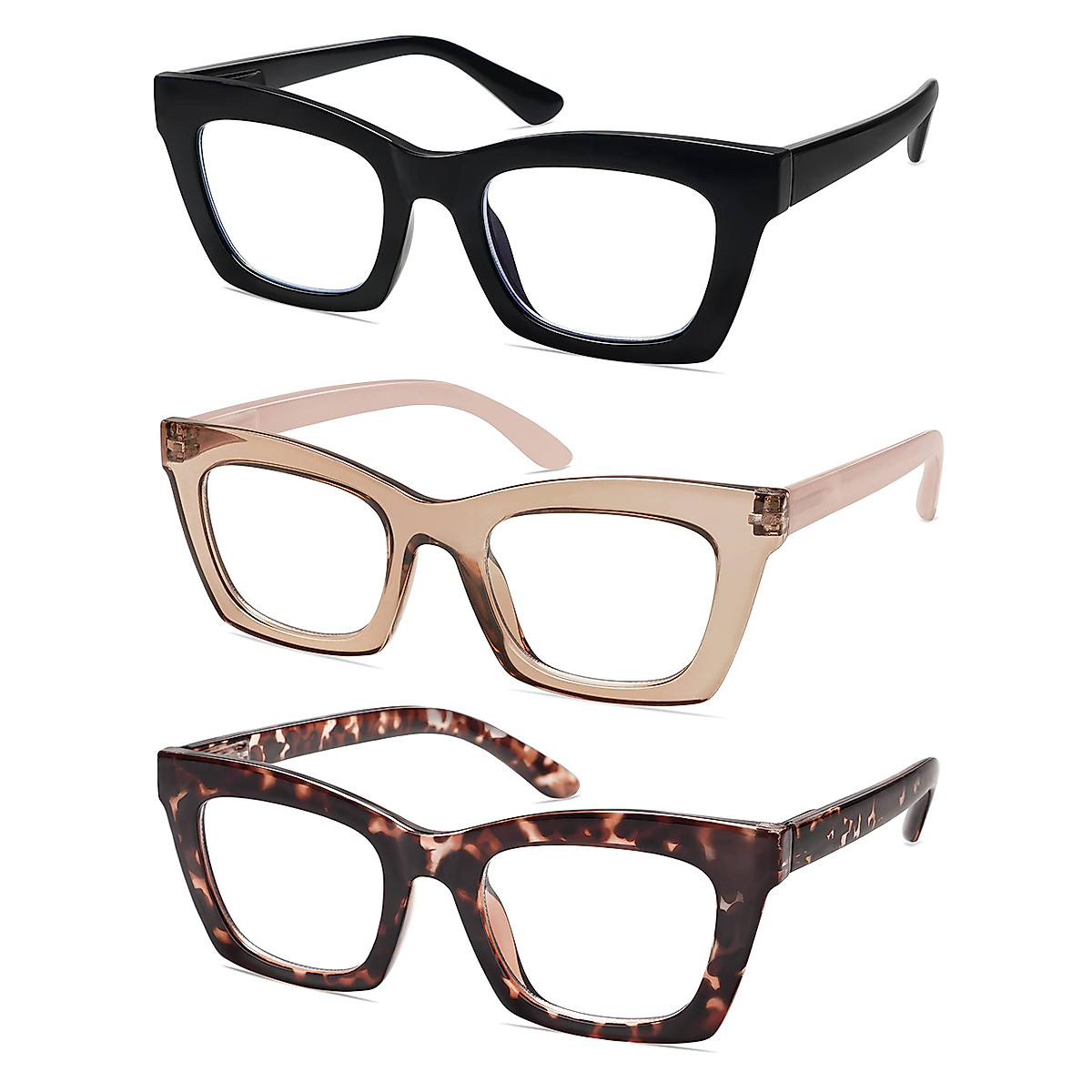AMOMOMA 3 Pack Trendy Oversized Blue Light Stylish Readers for Women,Retro Square Cute Sturdy Computer Womens Reading Glasses AM6042 Black+Brown+Purple Tortoise 1.5