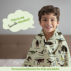 Custom Dinosaur Blanket for Boys & Girls - Personalized Blanket for Kids - Soft Throw Blanket - Alphabet Dino Gifts for Birthdays - Volcano & 26 Prehistoric Jurassic Dinosaurs - 50x60 Fleece